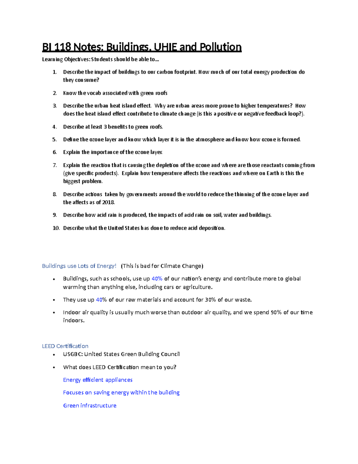 BI 118 Buildings and Pollution notes - BI 118 Notes: Buildings, UHIE ...