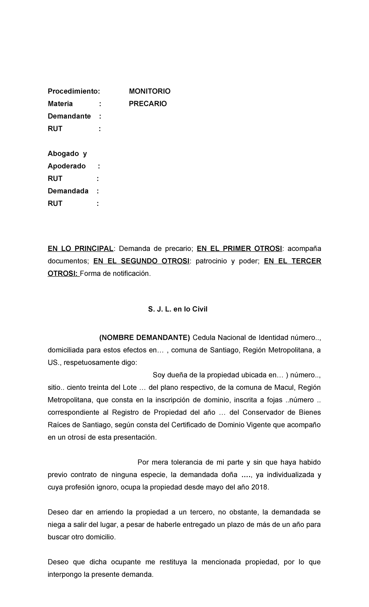 Demanda Precario - Procedimiento: MONITORIO Materia : PRECARIO ...