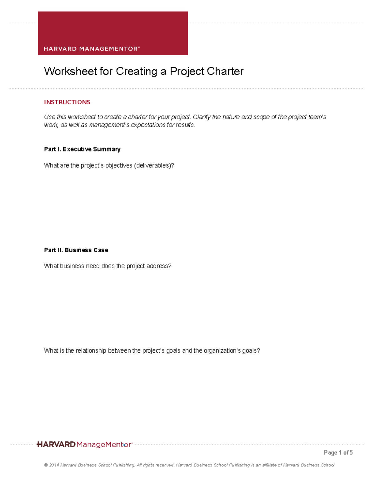 Worksheet for creating a project charter - Worksheet for Creating a ...
