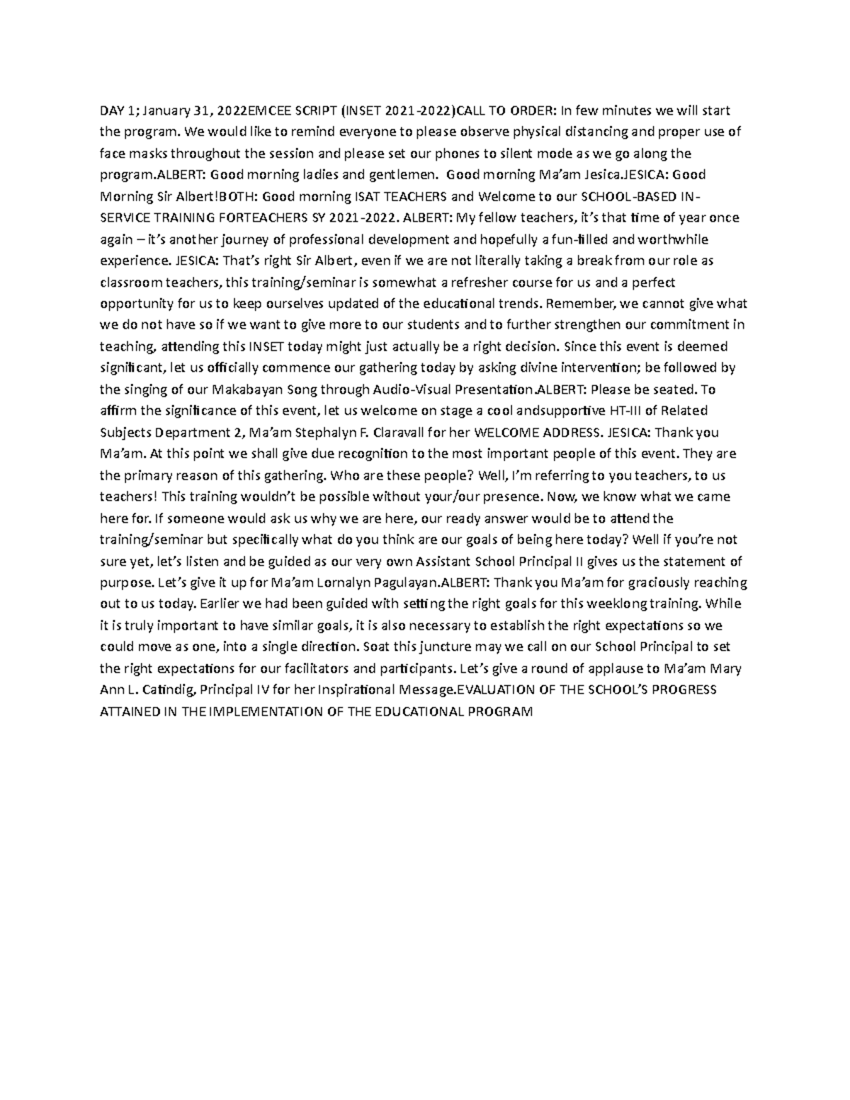 Script - Emcee - DAY 1; January 31, 2022EMCEE SCRIPT (INSET 2021-2022 ...