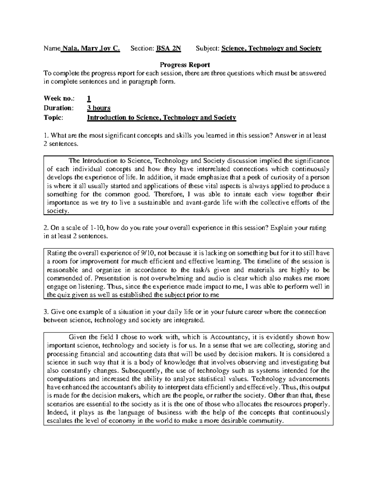 Introduction to Science, Technology and Society - Name Nala, Mary Joy C ...