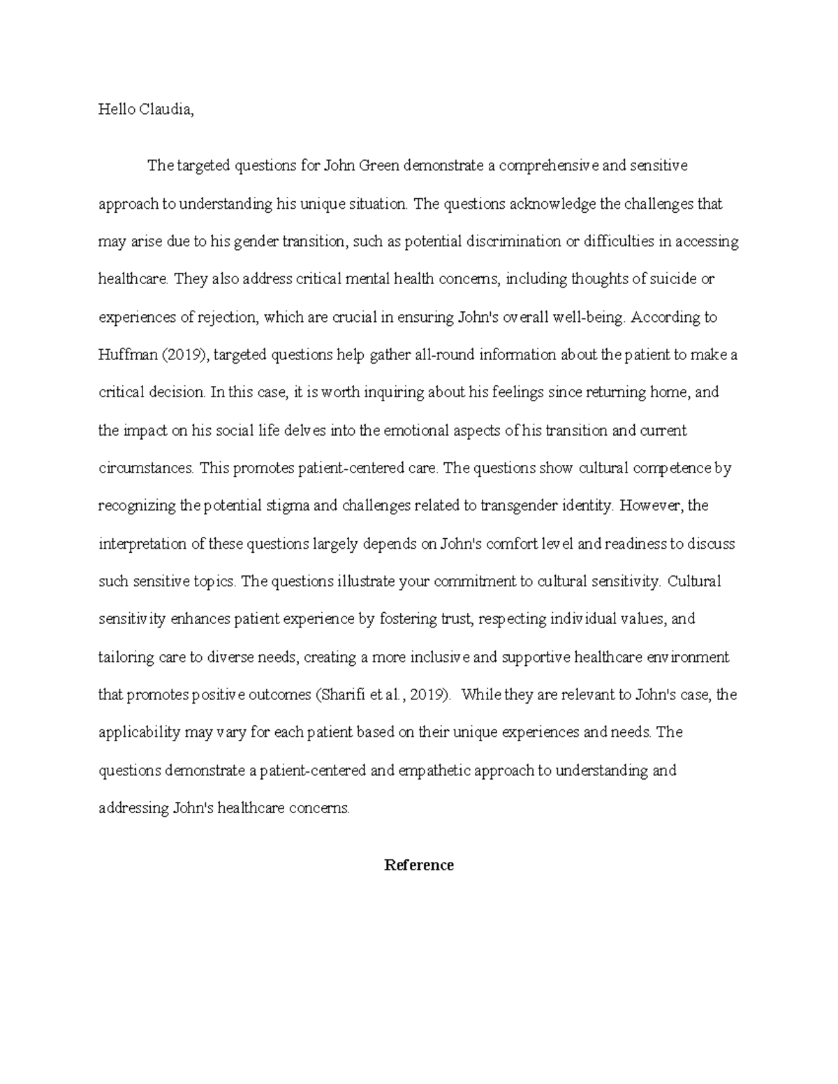 Hello Claudia - Nursing document - Hello Claudia, The targeted ...