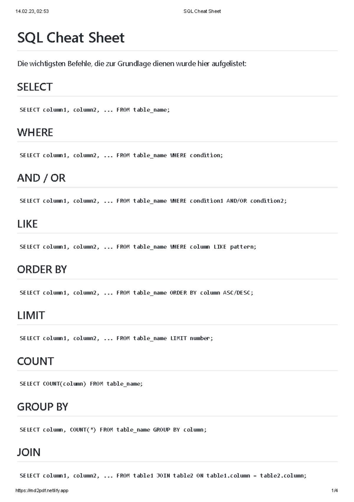 SQL Cheat Sheet - SQL Cheat Sheet Die wichtigsten Befehle, die zur ...