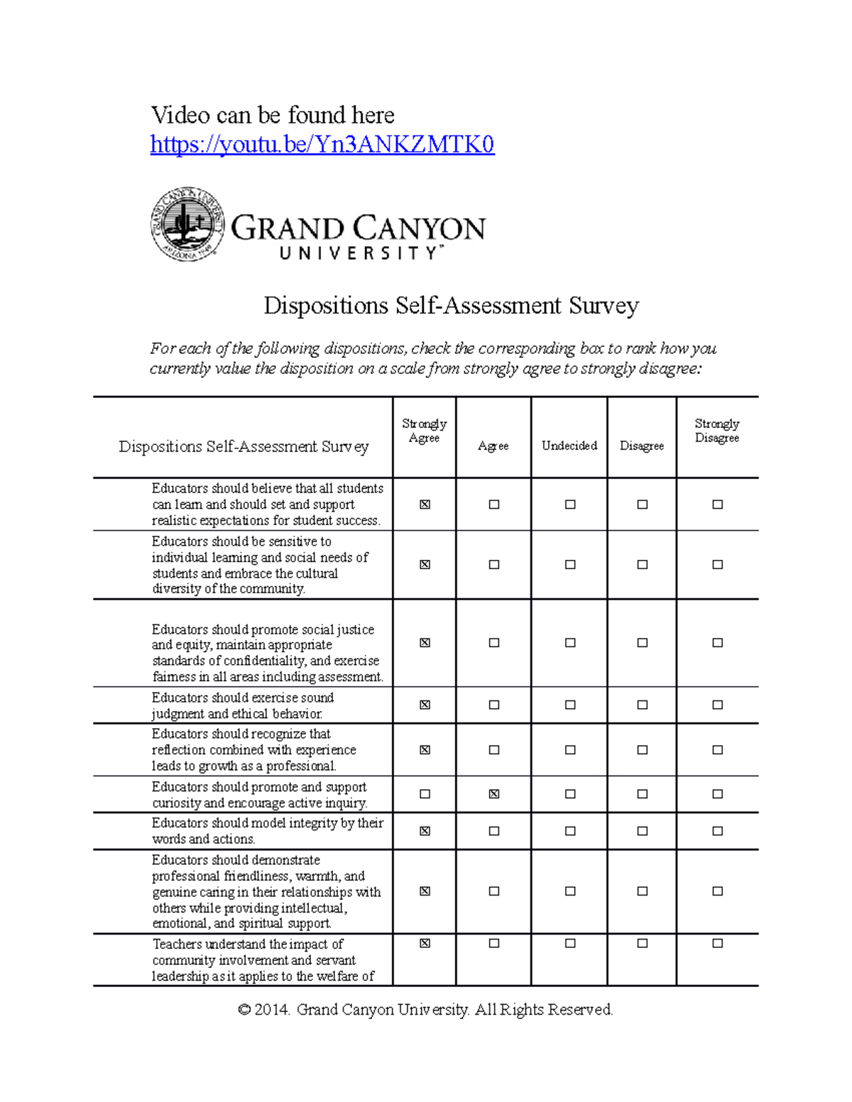 EDU535 Dispositions Self-Assessment Survey complete - Video can be ...