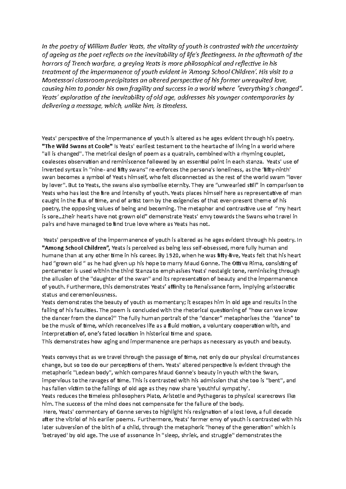 Analysis of Yeats' Poetry - In the poetry of William Butler Yeats, the ...