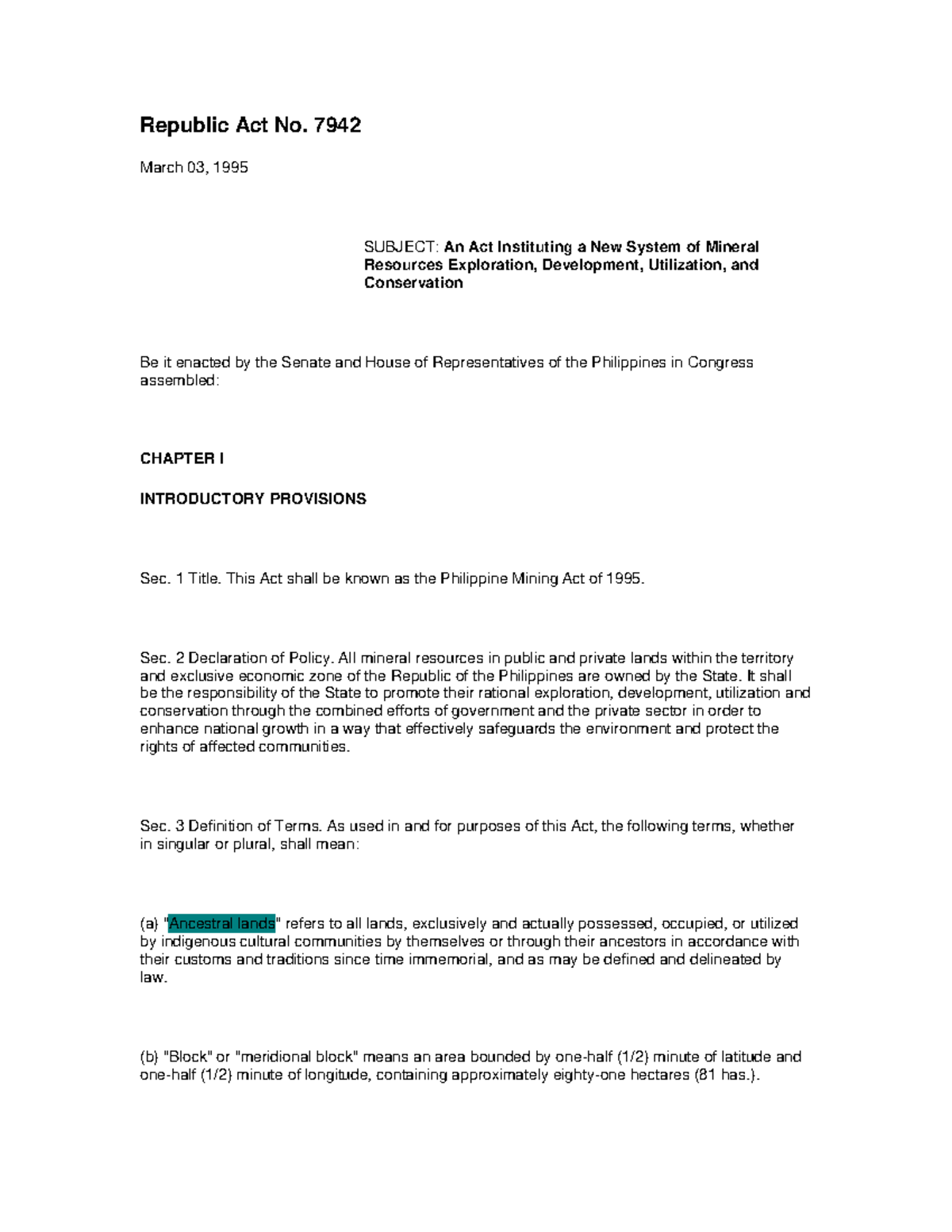 RA 7942 Philippine Mining Law Republic Act No 7942 March 03 1995