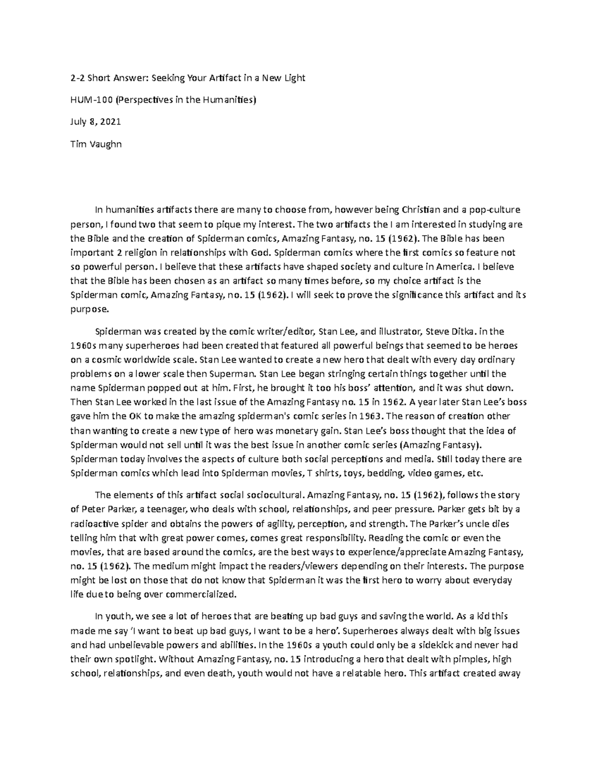 HUM 100 2-2 Short Answer - 2-2 Short Answer: Seeking Your Artifact in a ...