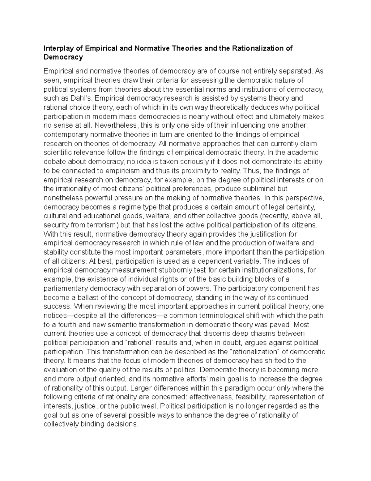 Interplay Of Empirical And Normative Theories And The Rationalization Of Democracy As Seen