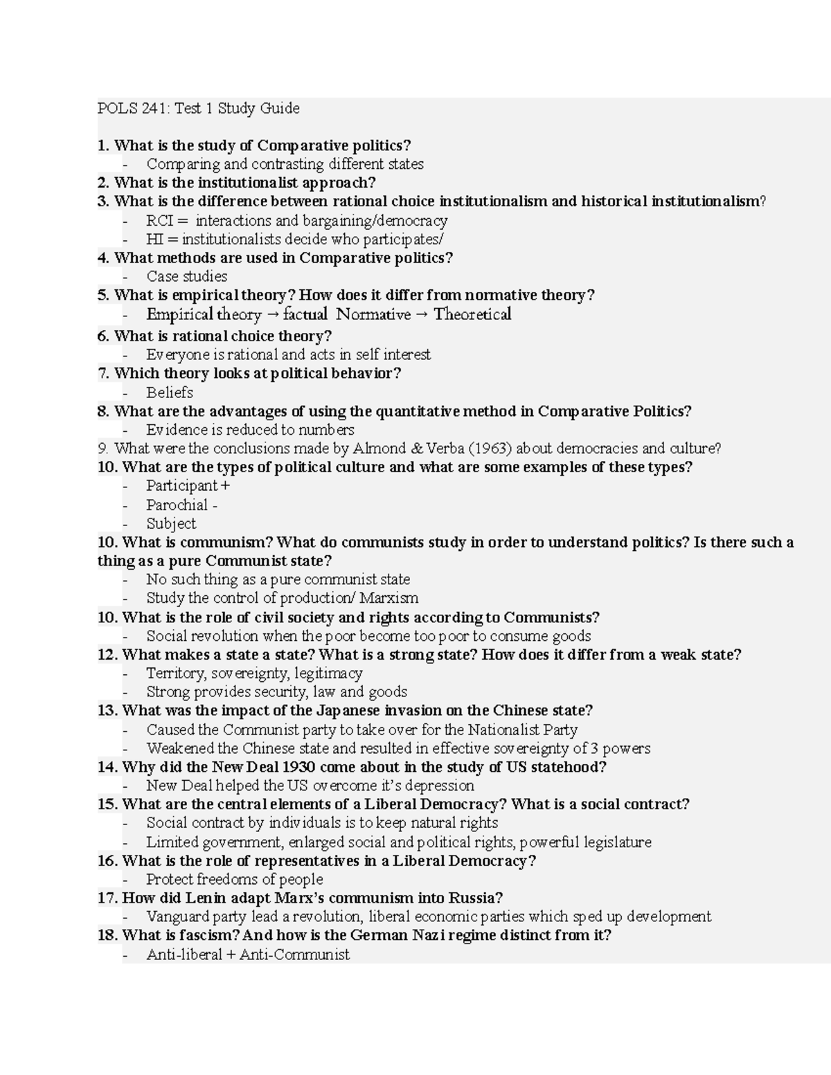 Test 1 Spring 2019, questions and answers - POLS 241: Test 1 Study ...