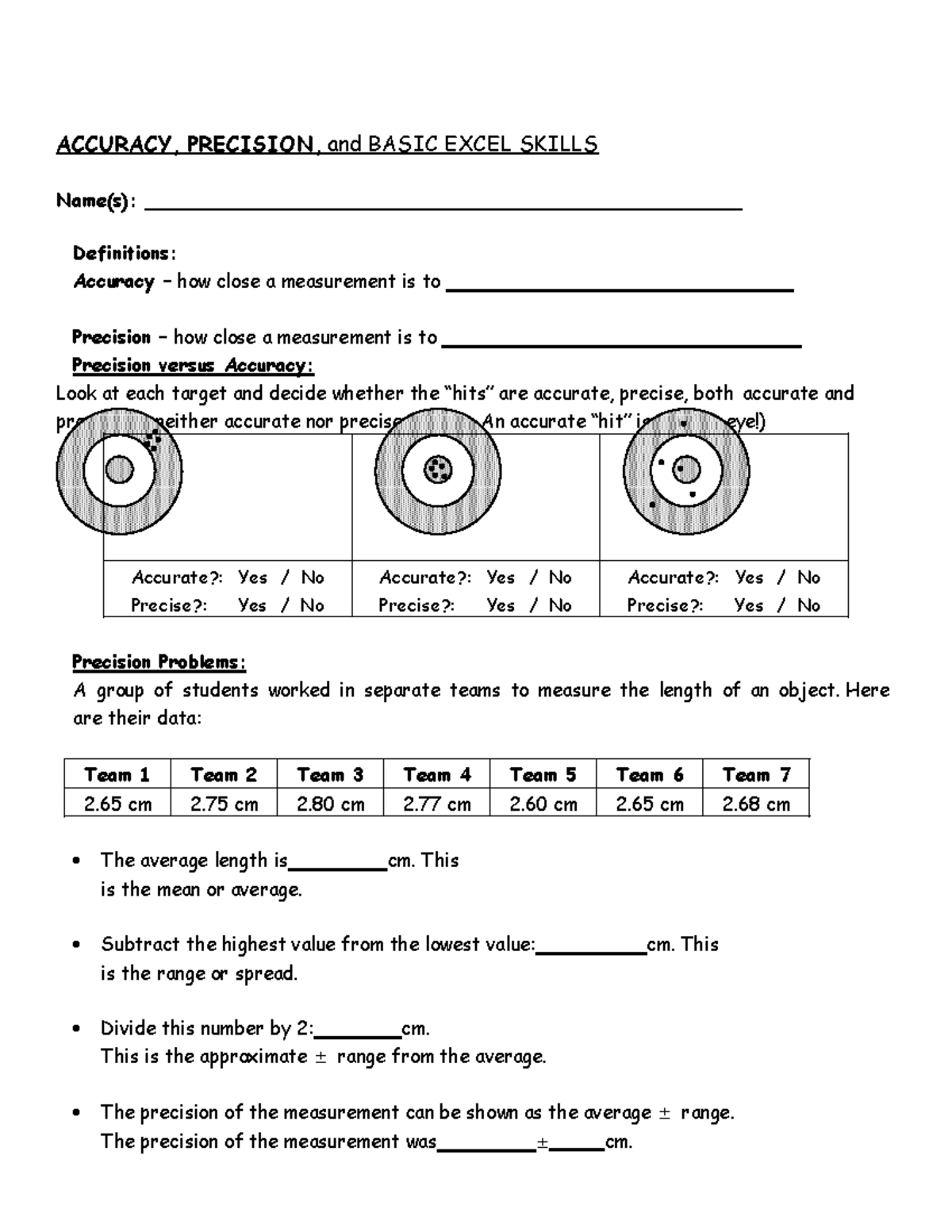 Precision Accuracy And Basic Excel Skills 3 Accuracy Precision And Basic Excel Skills Names