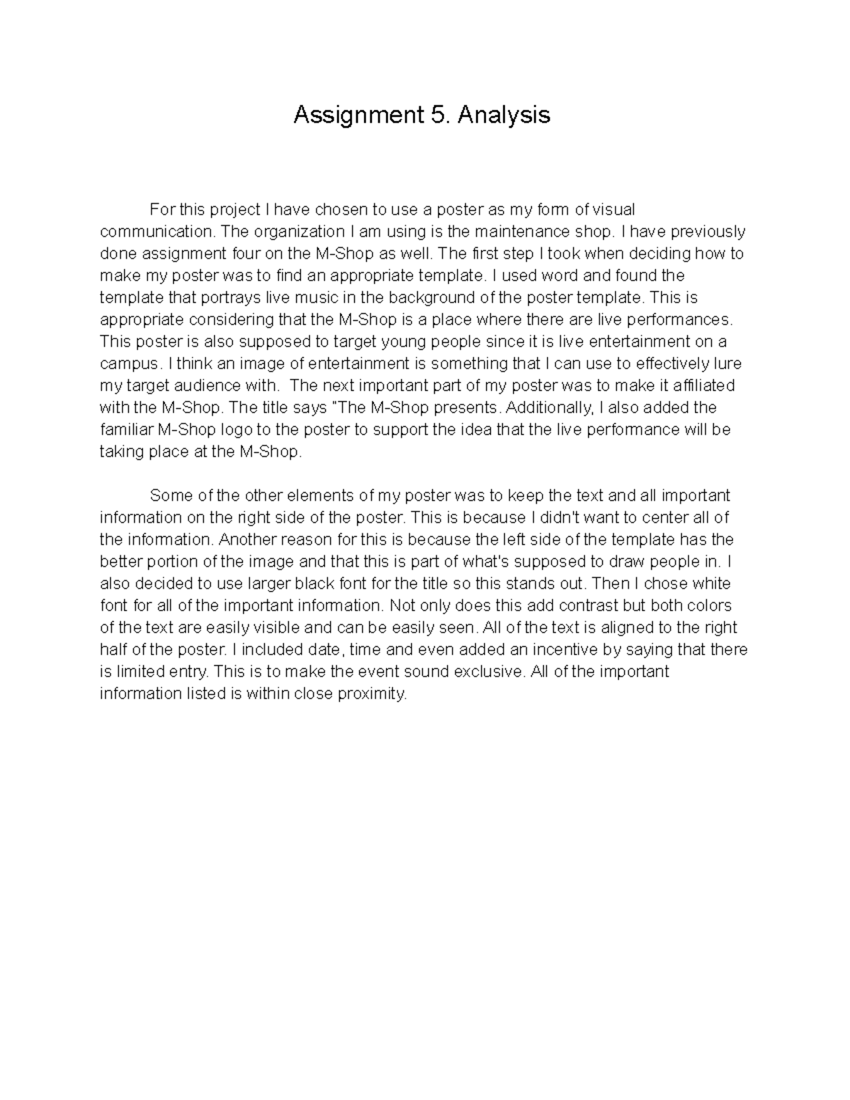 English Assignment 5 - Complete Essay - Assignment 5. Analysis For this ...