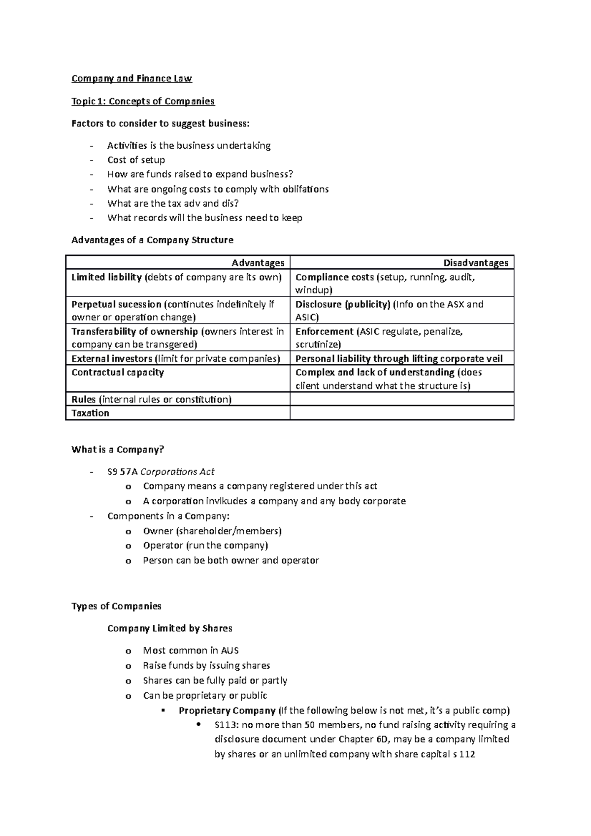 Company And Finance Law Company And Finance Law Topic 1 Concepts Of