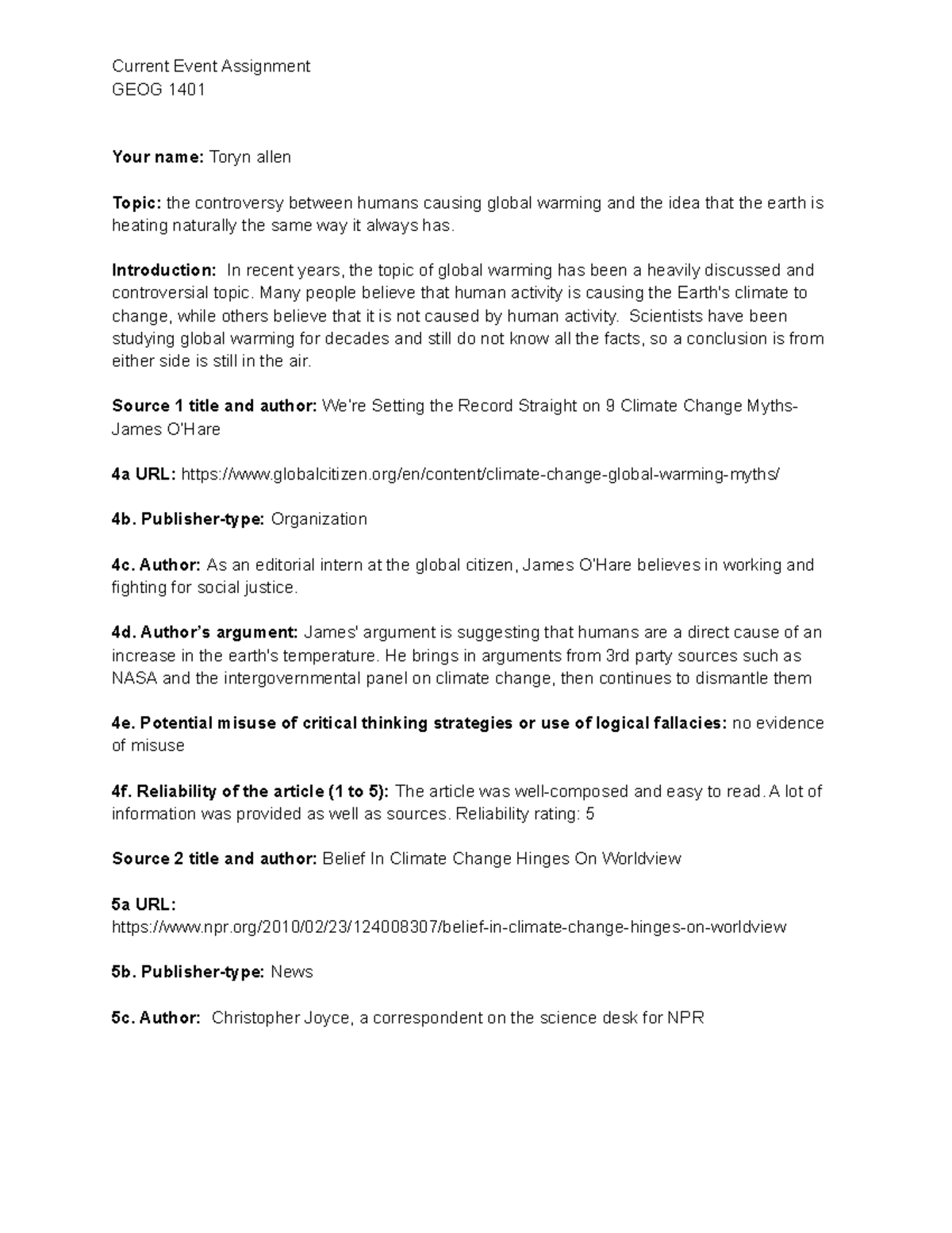 Current event geog 1401 - Current Event Assignment GEOG 1401 Your name: Toryn allen Topic: the ...