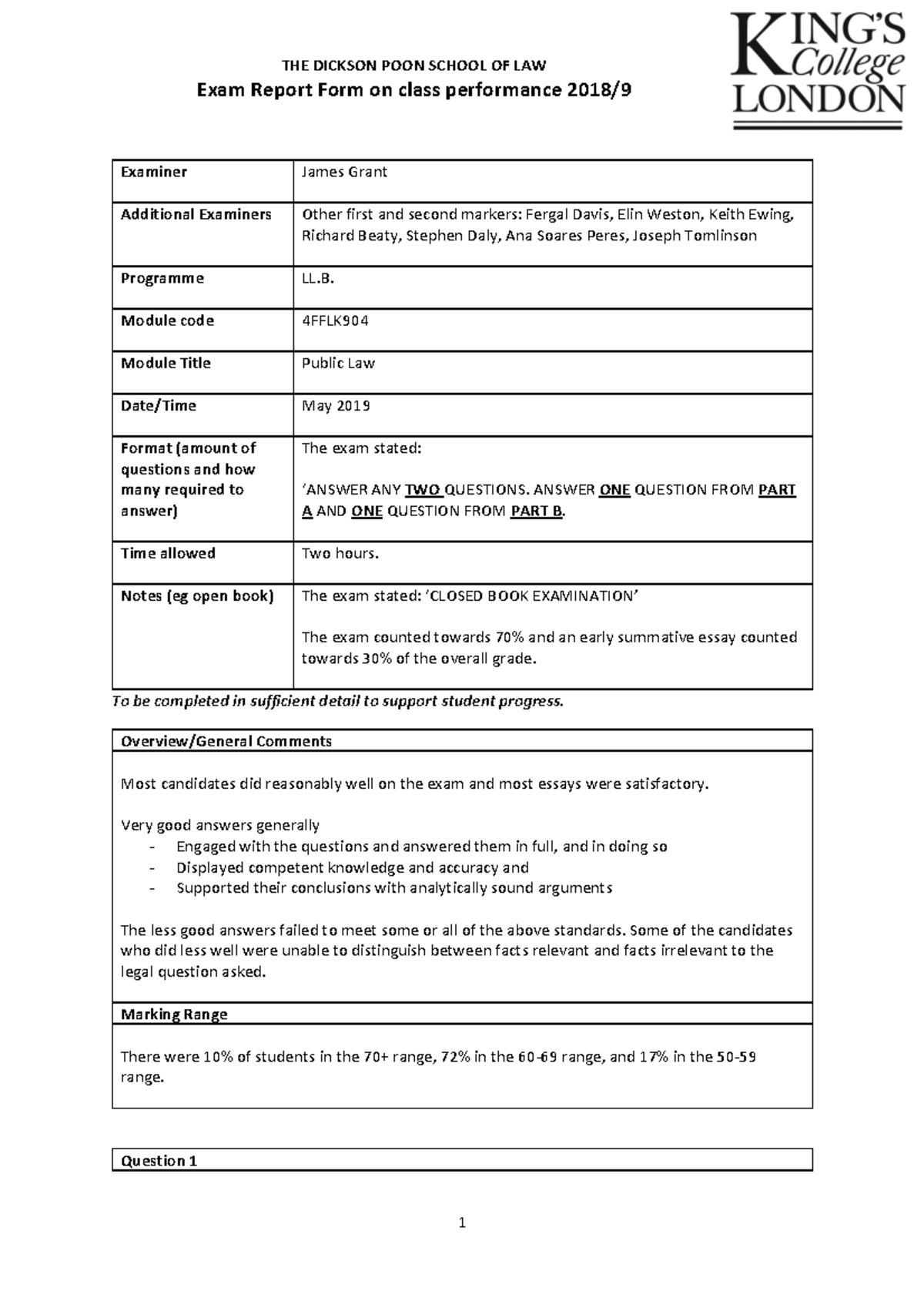 Exam Feedback report 2018-19 - Exam Report Form on class performance ...