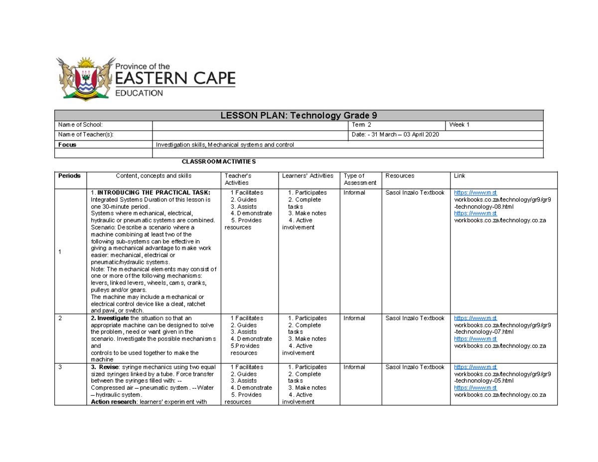Technology Grade 9 Lesson Plans - LESSON PLAN: Technology Grade 9 Name ...