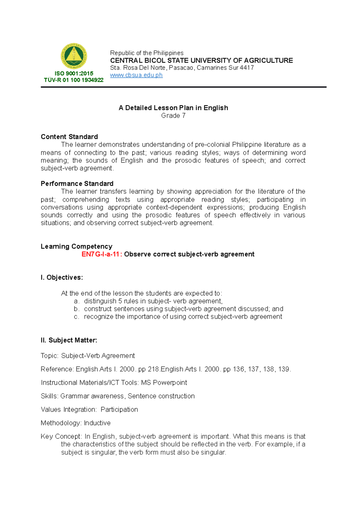Subject-Verb Agreement Detailed Lesson Plan - ISO 9001: TÜV-R 01 100 ...