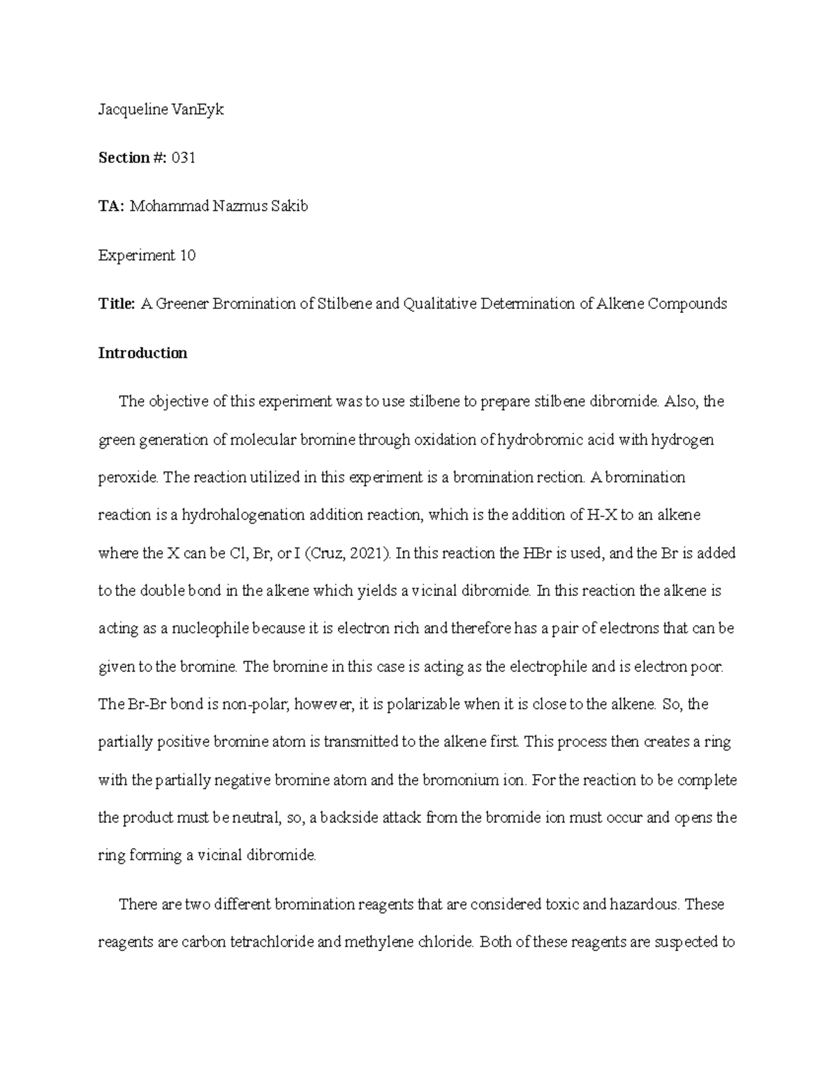 Experiment 10 Post Lab- A Greener Bromination of Stilbene and ...