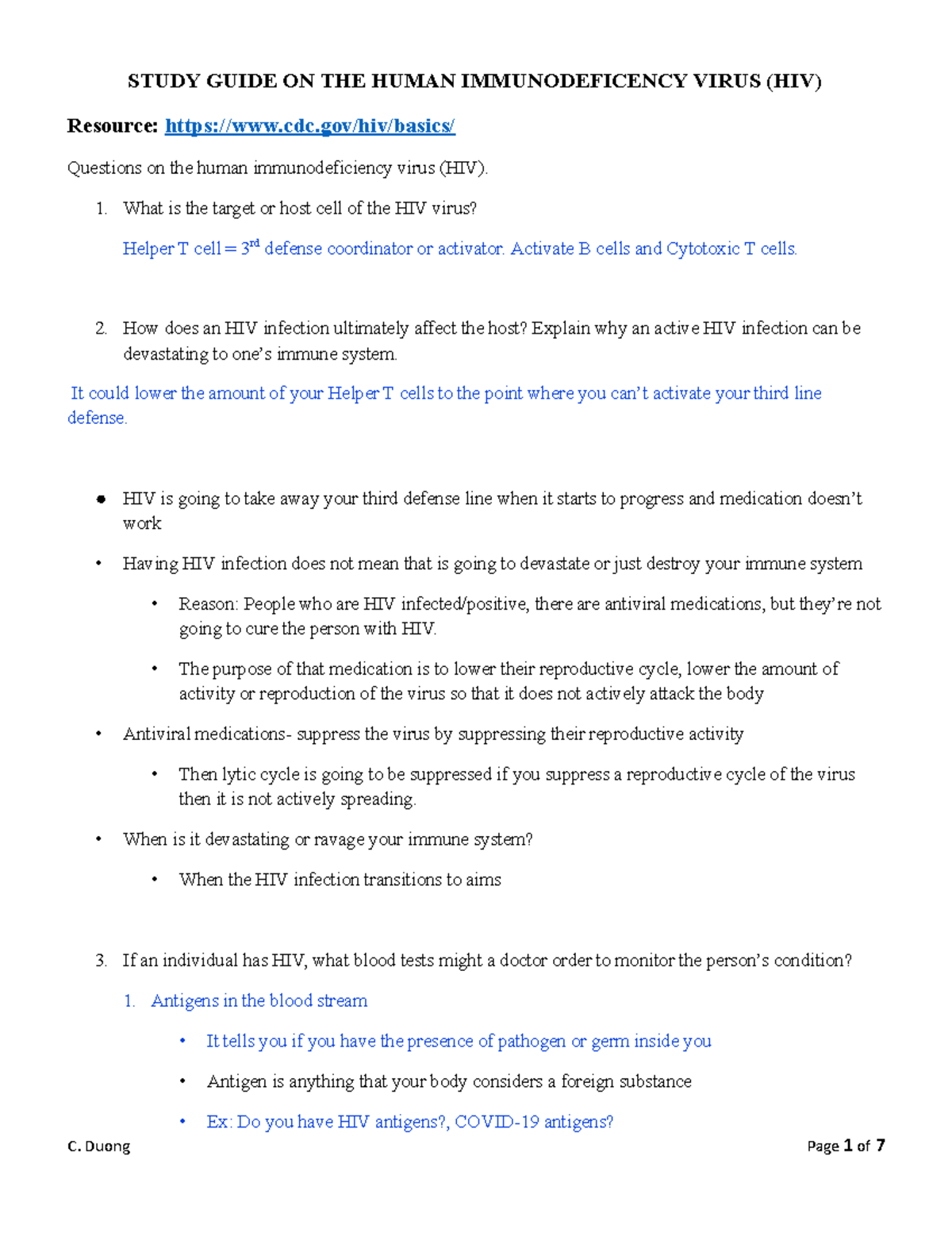 HIV Study Guide/Lecture Notes - STUDY GUIDE ON THE HUMAN ...