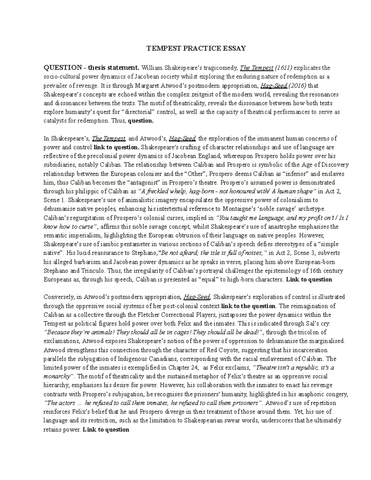 Tempest Practice Essay - TEMPEST PRACTICE ESSAY QUESTION - thesis ...