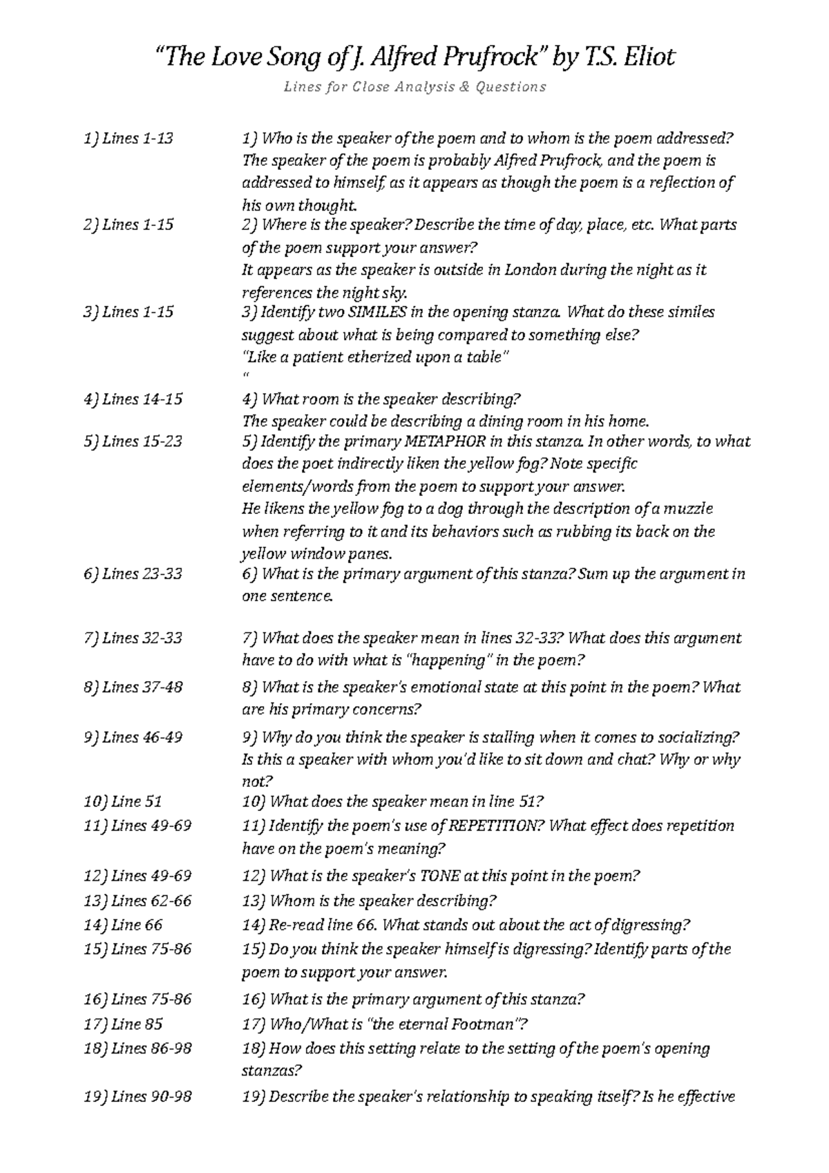 The Love Song of J Alfred Prufrock - questions - “The Love Song of J ...