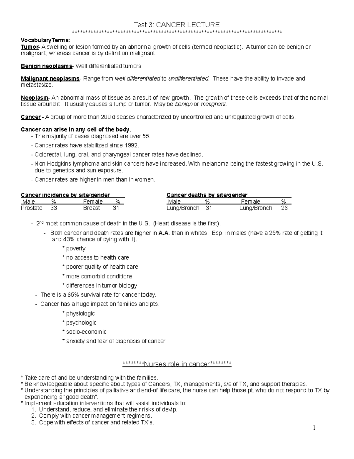 Cancer Outline - Test 3: CANCER LECTURE - Studocu