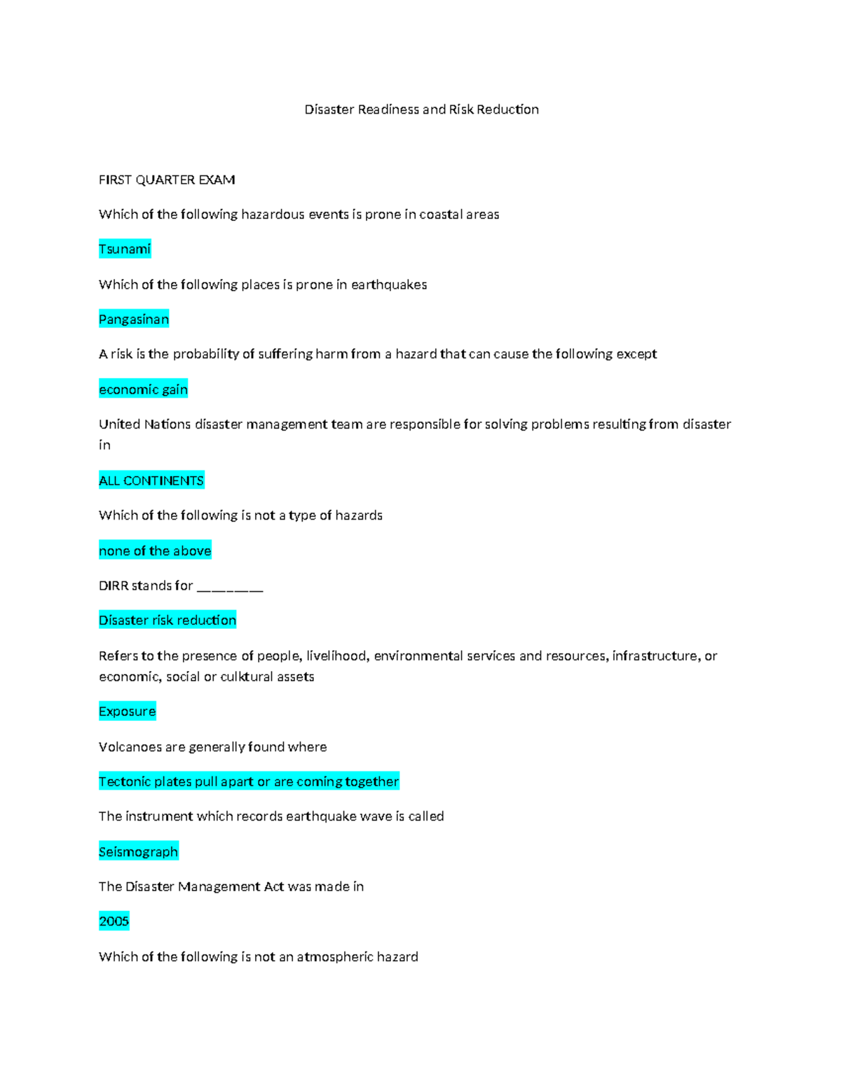 Disaster Readiness and Risk Reduction EXAM 1&2 - Disaster Readiness and ...