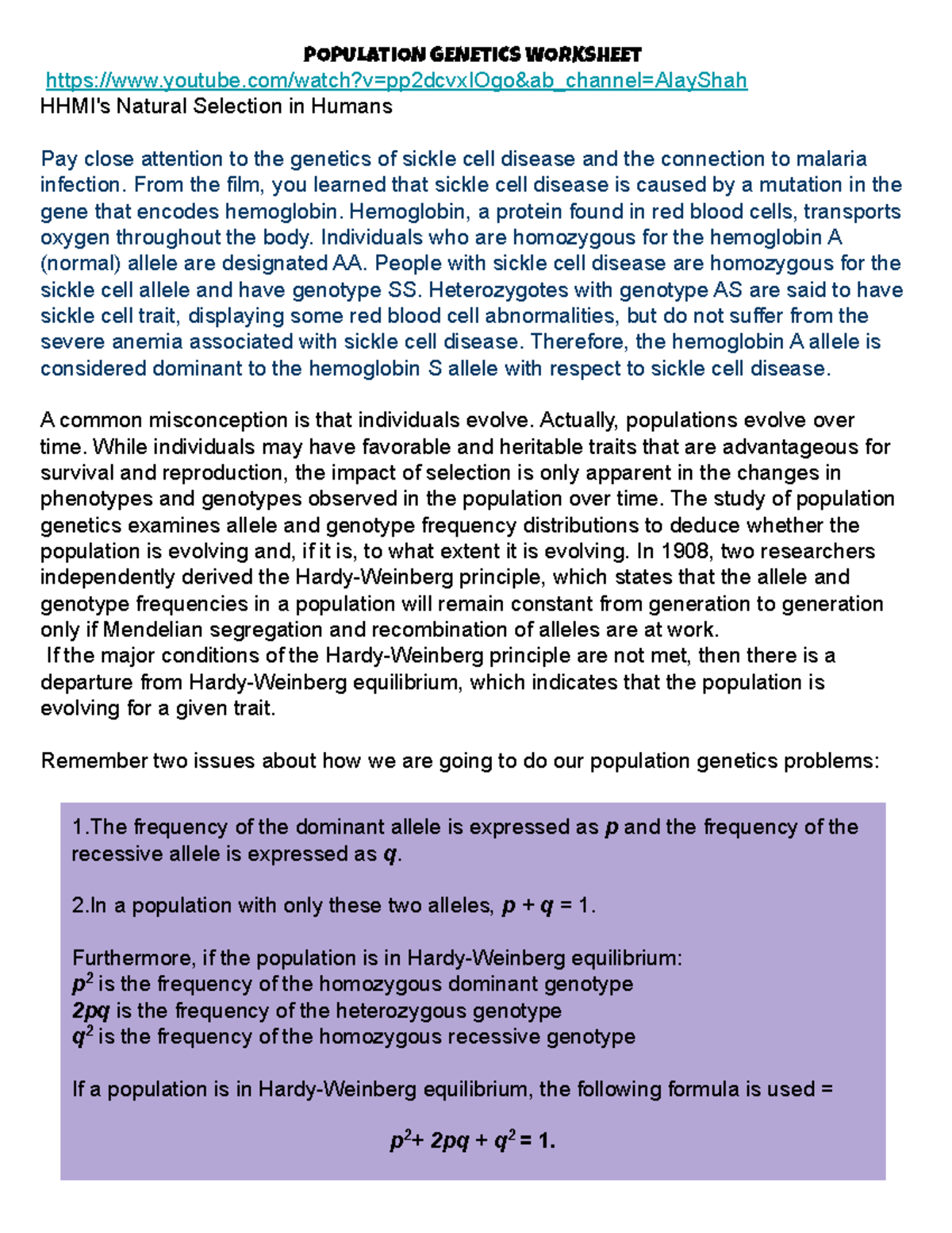 Population Genetics Worksheet - POPULATION GENETICS WORKSHEET - Studocu