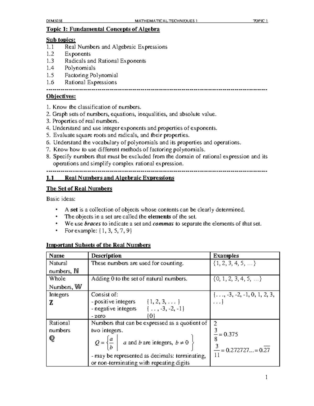 Topic 1 Fundamental Concept of Algebra - DIM5058 MATHEMATICAL ...