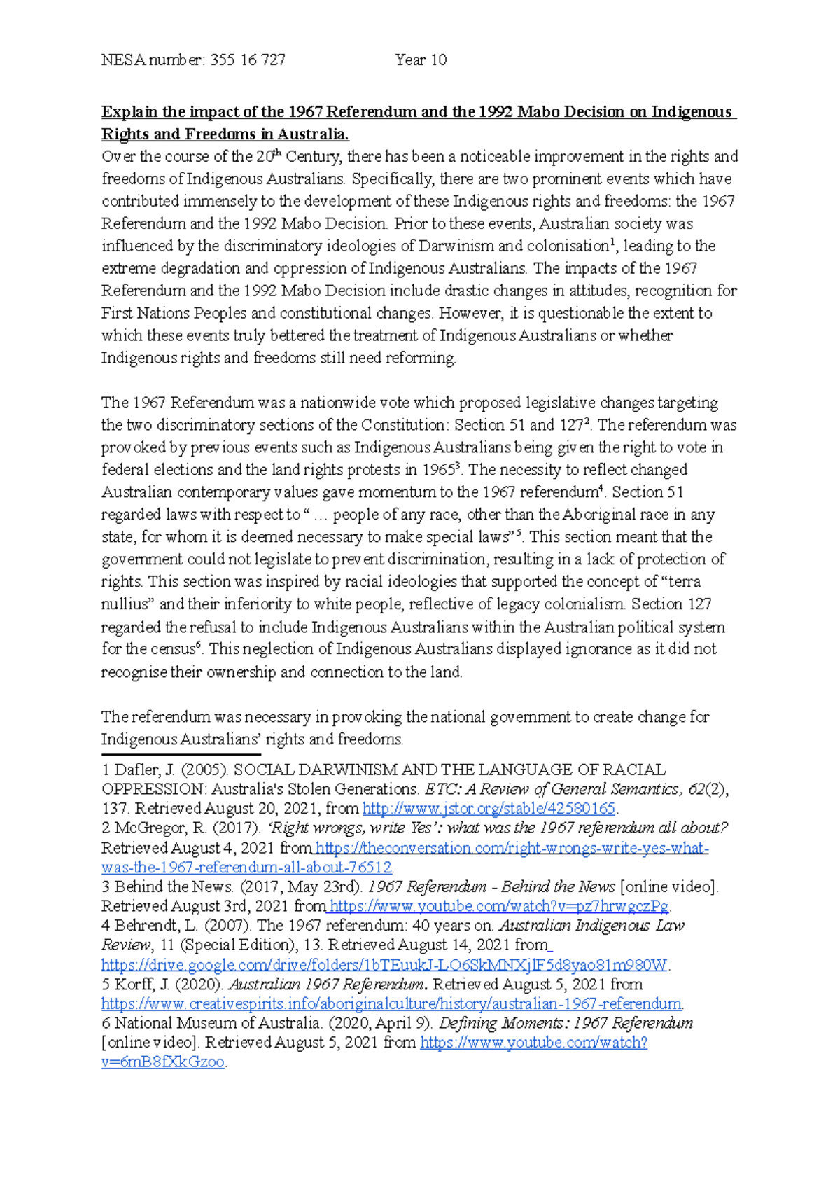 History Essay Task 3 - Explain the impact of the 1967 Referendum and ...