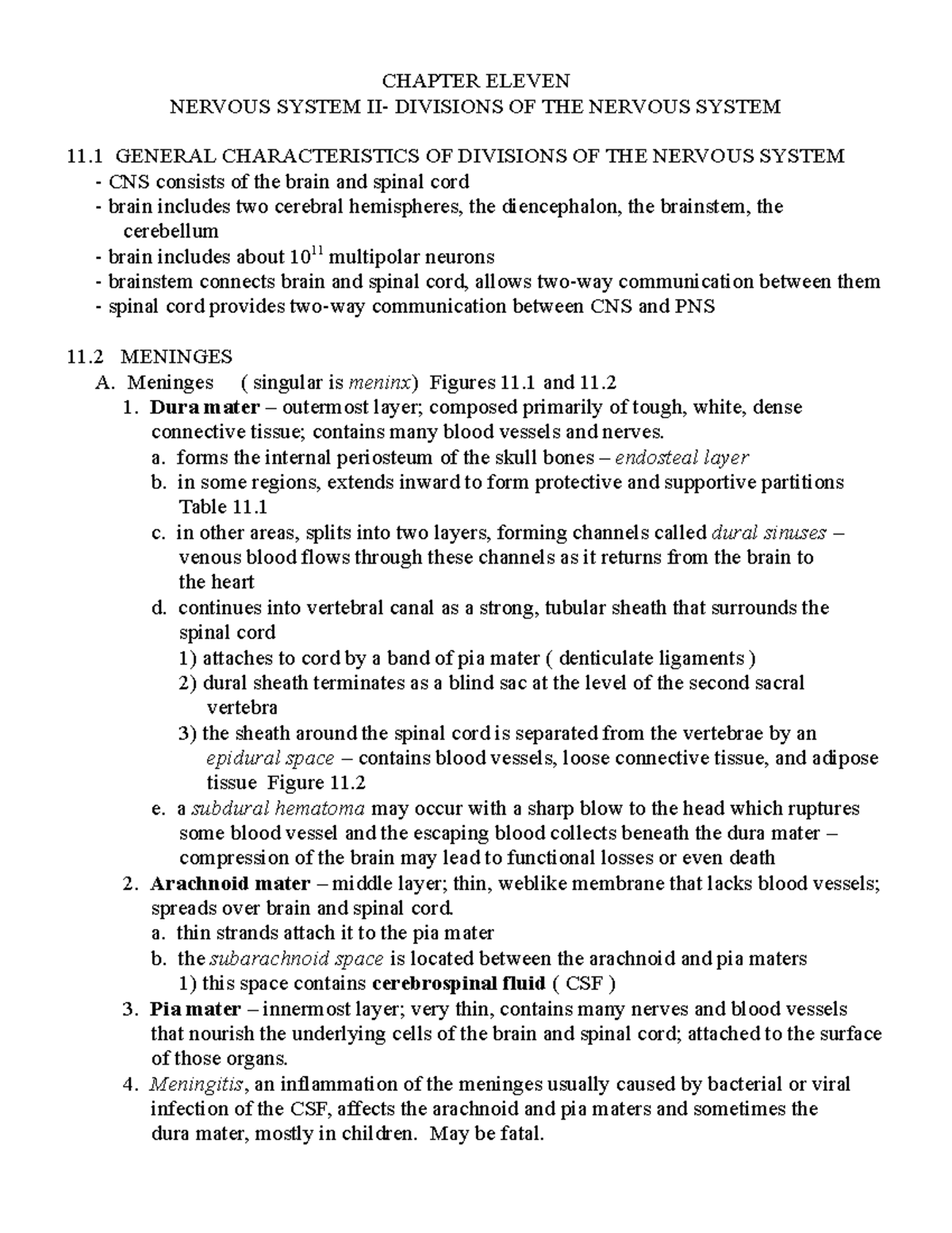 Chapter Eleven lecture notes -255-001 - CHAPTER ELEVEN NERVOUS SYSTEM ...