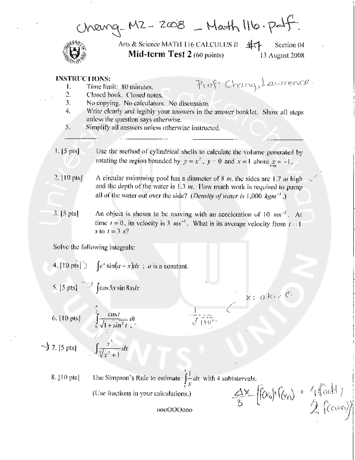 Exam 2008, Questions And Answers - Math 116.3 - Studocu