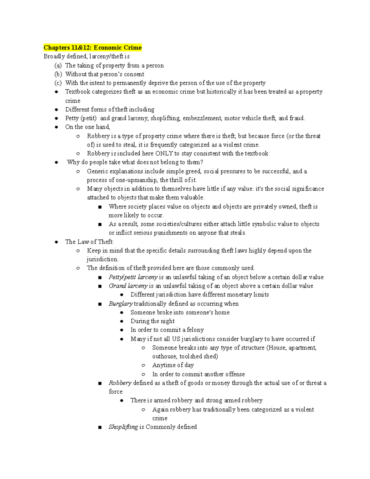 Causes of Crime Ch 11,12 - Chapters 11&12: Economic Crime Broadly ...