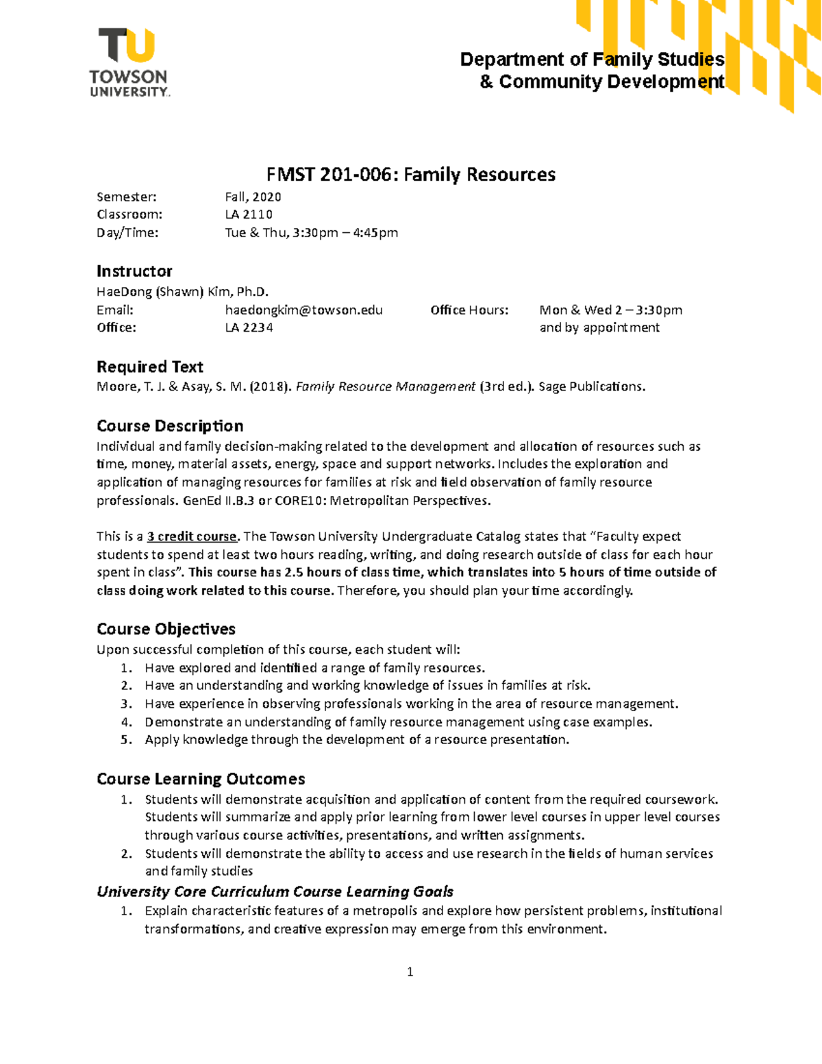 FMST201-006 Syllabus Fall 2020 H Kim v03 - Department of Family Studies ...