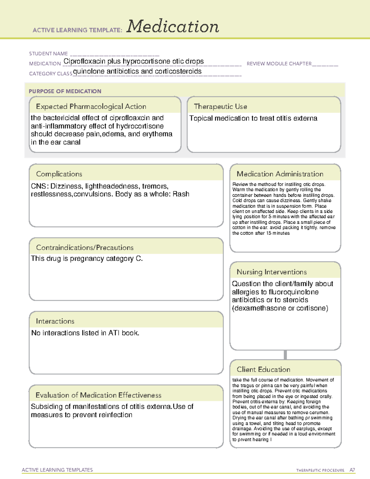 Cipro Ottic drops ATI Medication Template - ACTIVE LEARNING TEMPLATES ...