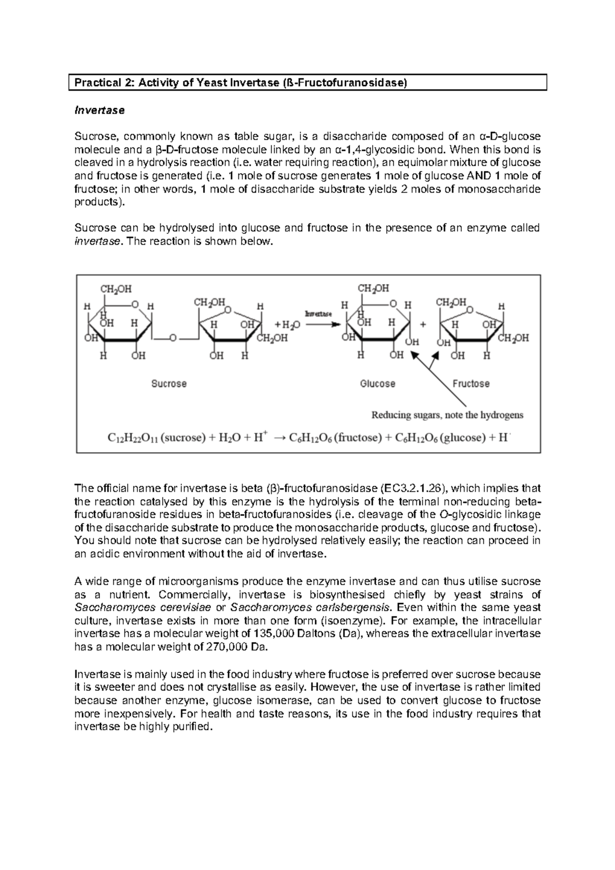 Practical 2 Answers - Practical 2: Activity of Yeast Invertase (ß ...
