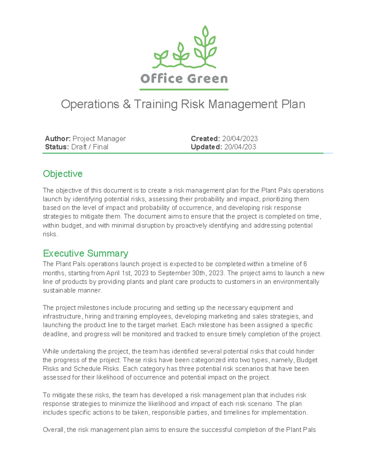 Activity Template Risk management plan - Operations & Training Risk ...