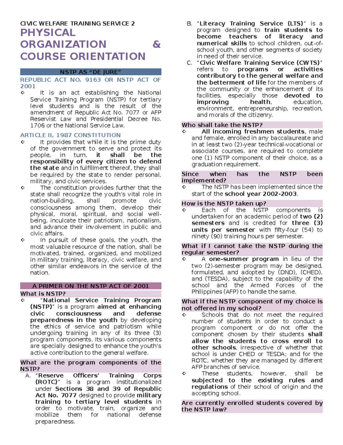 (1) NSTP 1 Physical Organization & Course Orientation - CIVIC WELFARE TRAINING SERVICE 2 ...