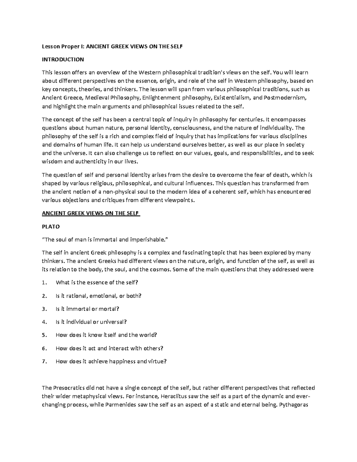 Module 1 psym - Lesson Proper I: ANCIENT GREEK VIEWS ON THE SELF ...