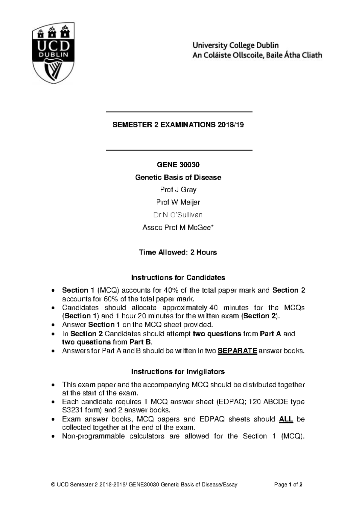 85085 GENE30030 - Past papers - © UCD Semester 2 2018 - 201 9/ GENE30030 Genetic Basis of - Studocu