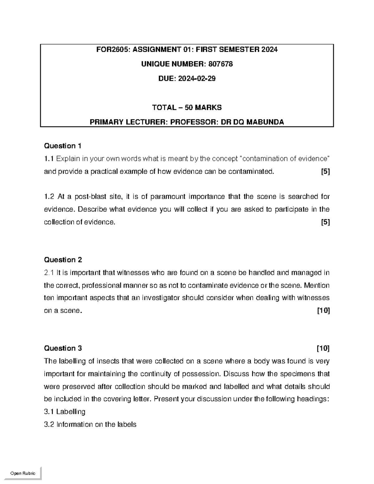 FOR2605 Assignment 01 First Semerster 2024-1 - FOR2605: ASSIGNMENT 01: FIRST SEMESTER 2024 ...