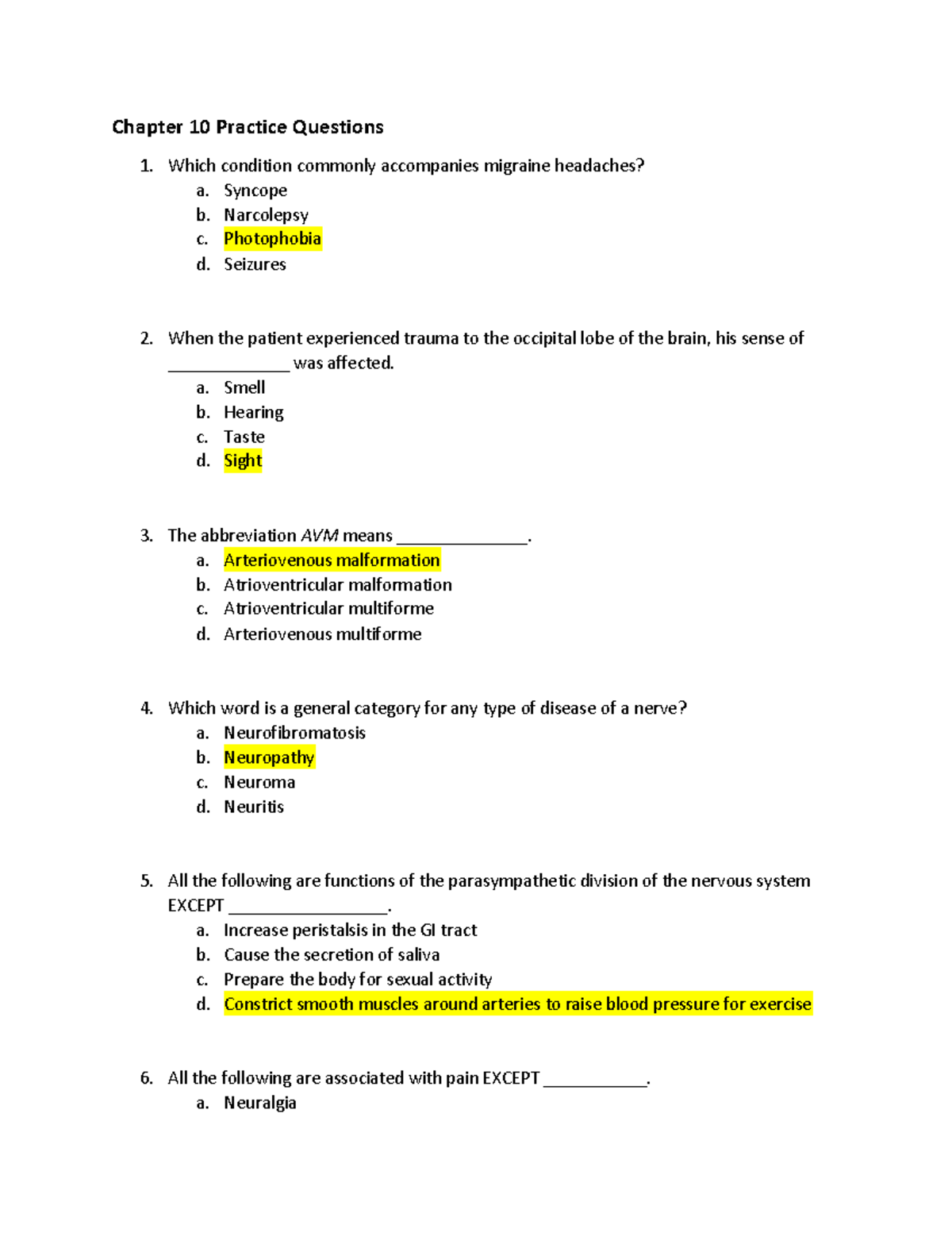 MED TERM practice questions 10 - OTD215 - Studocu