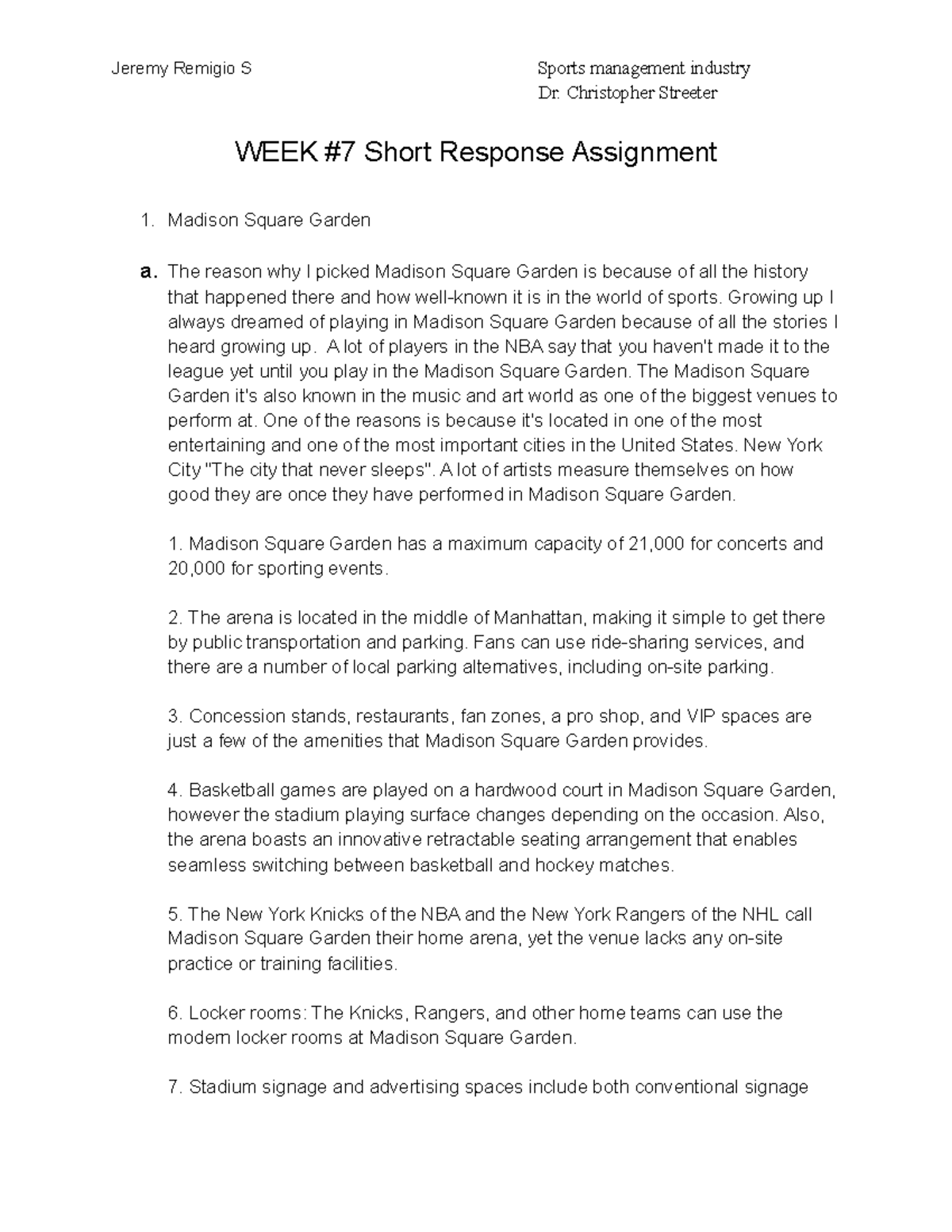 WEEK #7 Short Response Assignment - Dr. Christopher Streeter WEEK #7 ...