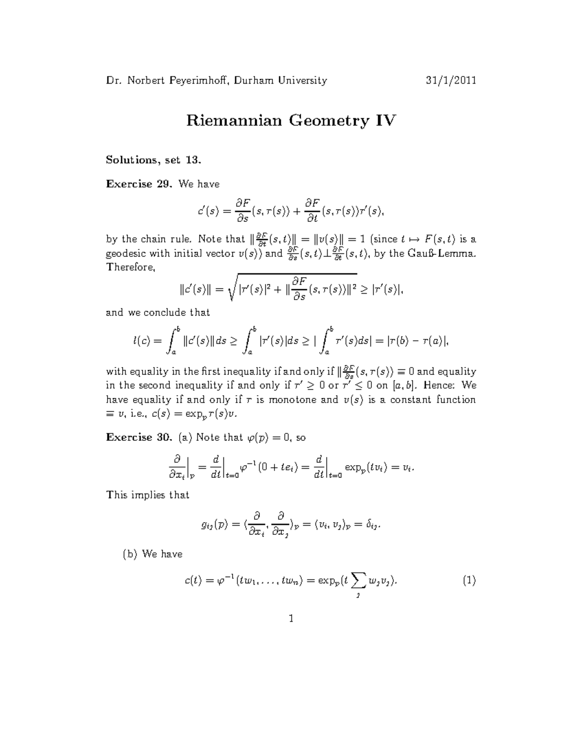 Riemannian Geometry IV Solutions - Studocu