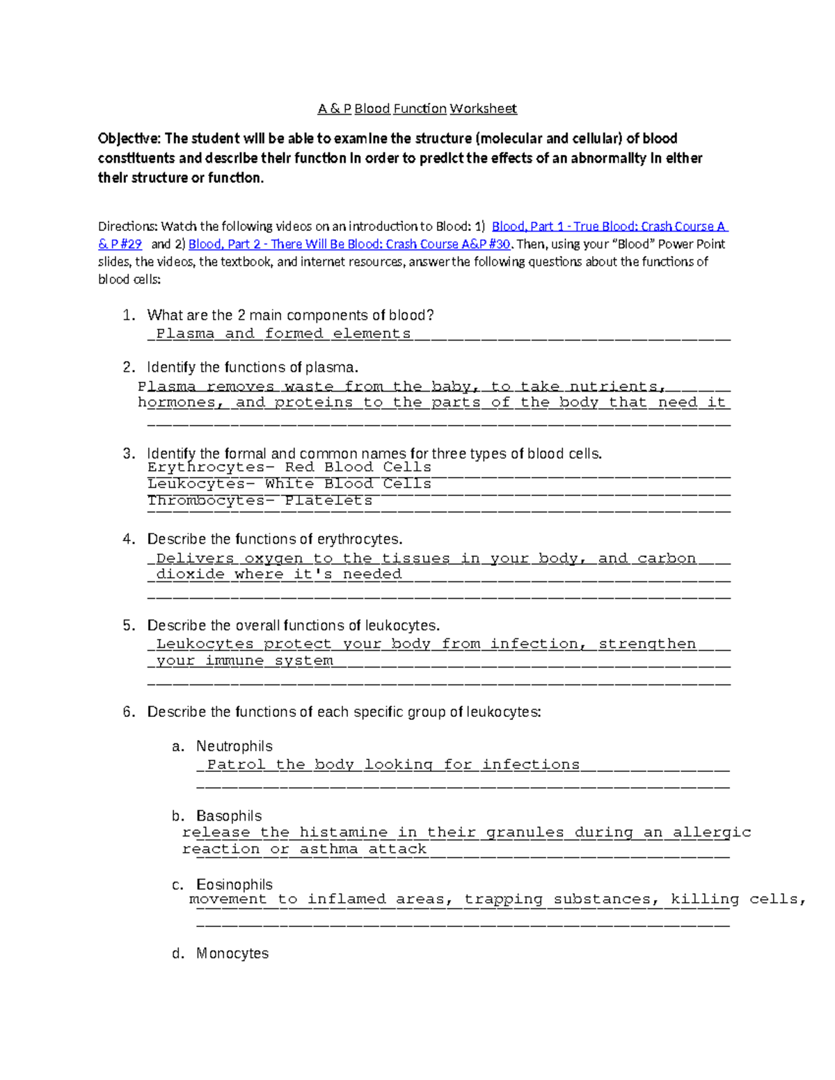 Anatomy and Physiology Blood Functions and Blood Purposes Worksheet for ...