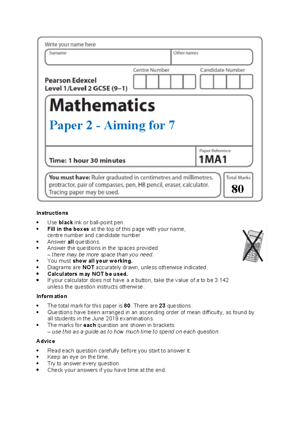 2a - Paper 2 Non-Calculator Aiming for Grade 7 - Question Paper ...