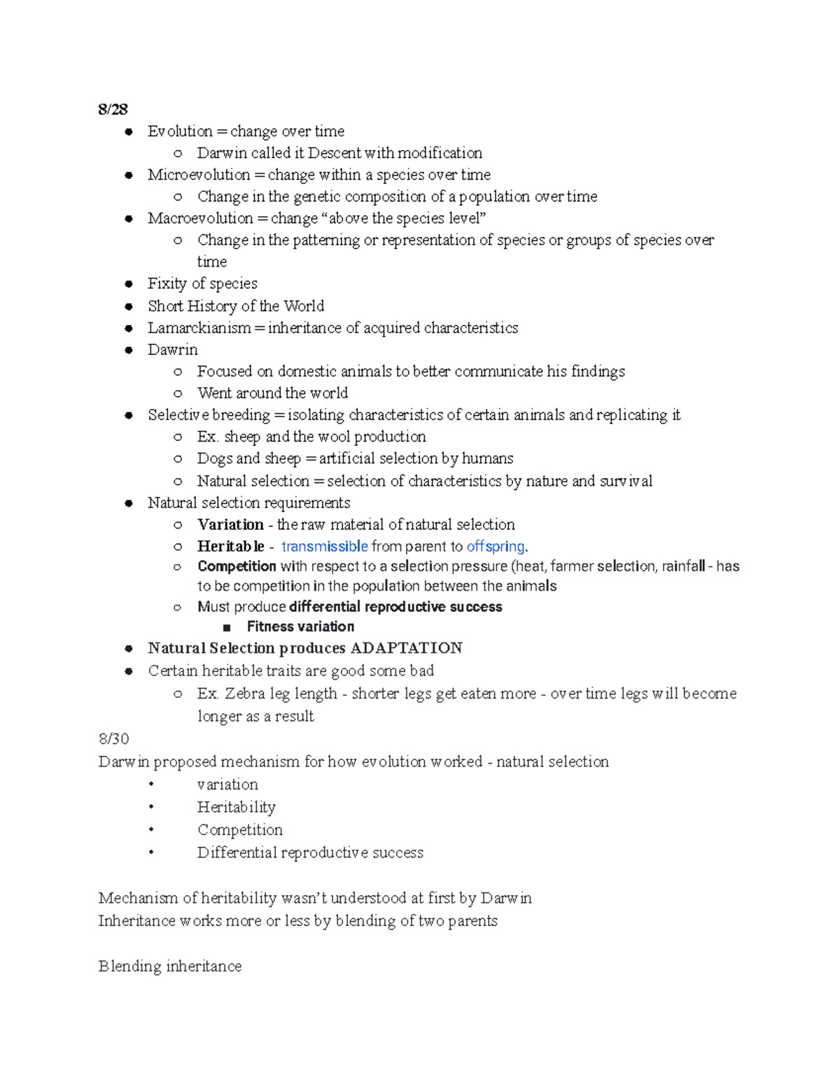 Evolution Class Notes - 8/ Evolution = change over time Darwin called ...