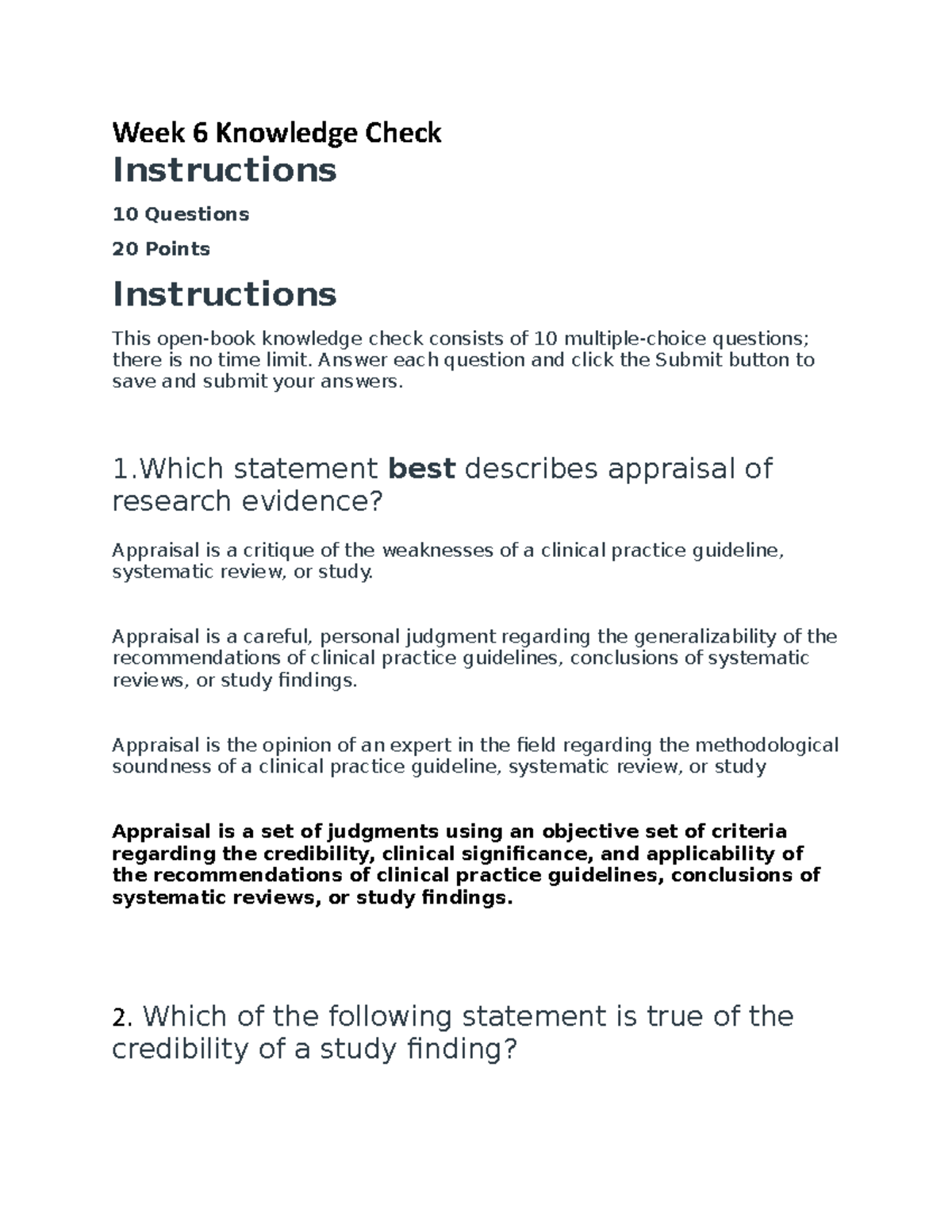 Week 6 Knowledge Check - Week 6 Knowledge Check Instructions 10 ...