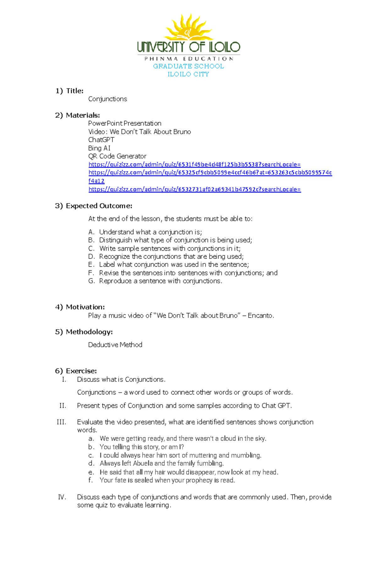 Conjunctions (Lesson Plan - Grammar for 2nd Language) - ILOILO CITY ...