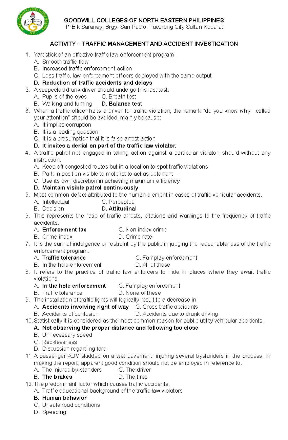 Answer KEY - Activity - Traffic Management and Accident Investigation ...