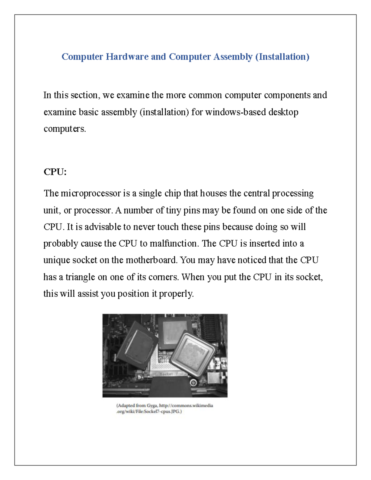 Computer Hardware and Computer Assembly (Installation) - CPU: The ...